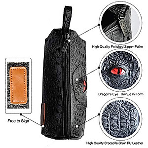 CZYY Pencil Case Black Faux Leather with 3D Dragon Eye and Name Tag Large Zipper Pen Pouch for School, Office & Art