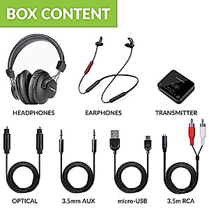 Avantree D4169 Dual Wireless Headphones & Earbuds Set for TV Watching with Bluetooth Transmitter, Personalized Volume Control, Plug-n-Play, No Audio Delay