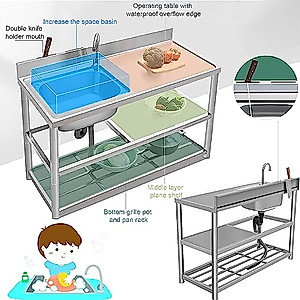 NYCDA Utility Free-Standing Commercial Sink, Outdoor Stainless Steel Sink Single Bowl Restaurant Kitchen Sink Set, w/Drainboard & Double Storage Shelves, Faucet 80x50x80cm/31.5x19.7x31.5in Right