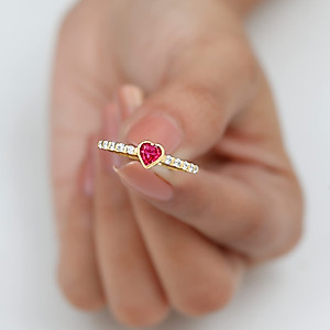 Rosec Jewels Certified Lab Grown Ruby 6mm Heart Shaped Engagement Ring, AAAA Quality, Ruby Diamond Heart Ring (Ready to Gift), 14K Yellow Gold, Size:US 7.00