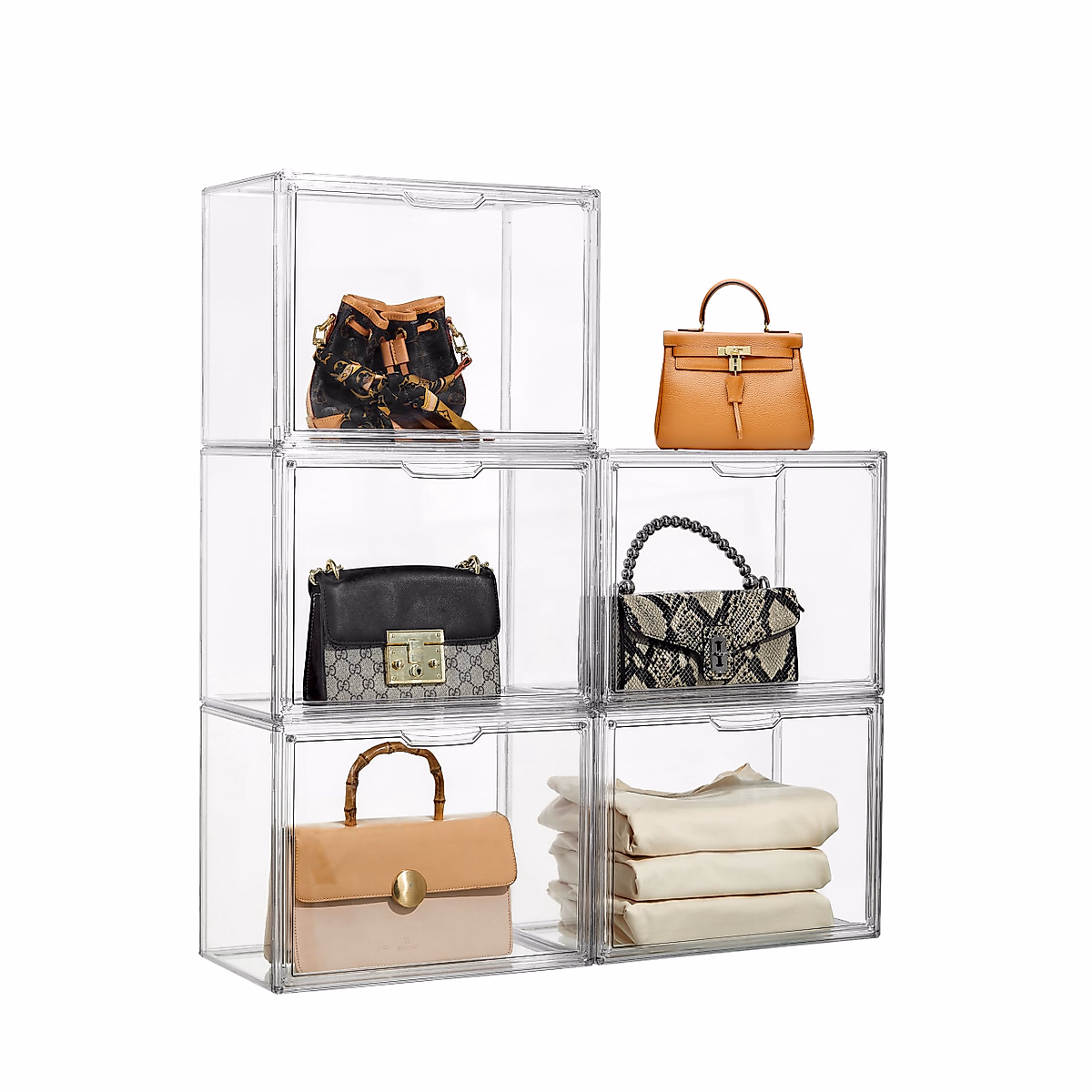 ZLLZUU Purse Organizer for Closet, 5 Pack Clear Acrylic Display Case for purse handbag Organizer, Stackable Purse Storage boxes with magnetic door for Collectibles, Wallet, Cosmetic
