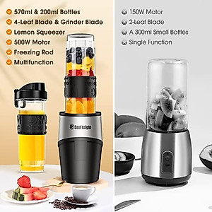 COOL KNIGHT Personal Blender, 500 Watts Bullet Blender for Shakes and Smoothies, 10-Piece Kitchen Blender Set with 20oz Sports Mug, Grinder Cup, 2 to-go lid, Freezer Rod and lemon squeezer,BPA free (Black-Silver)