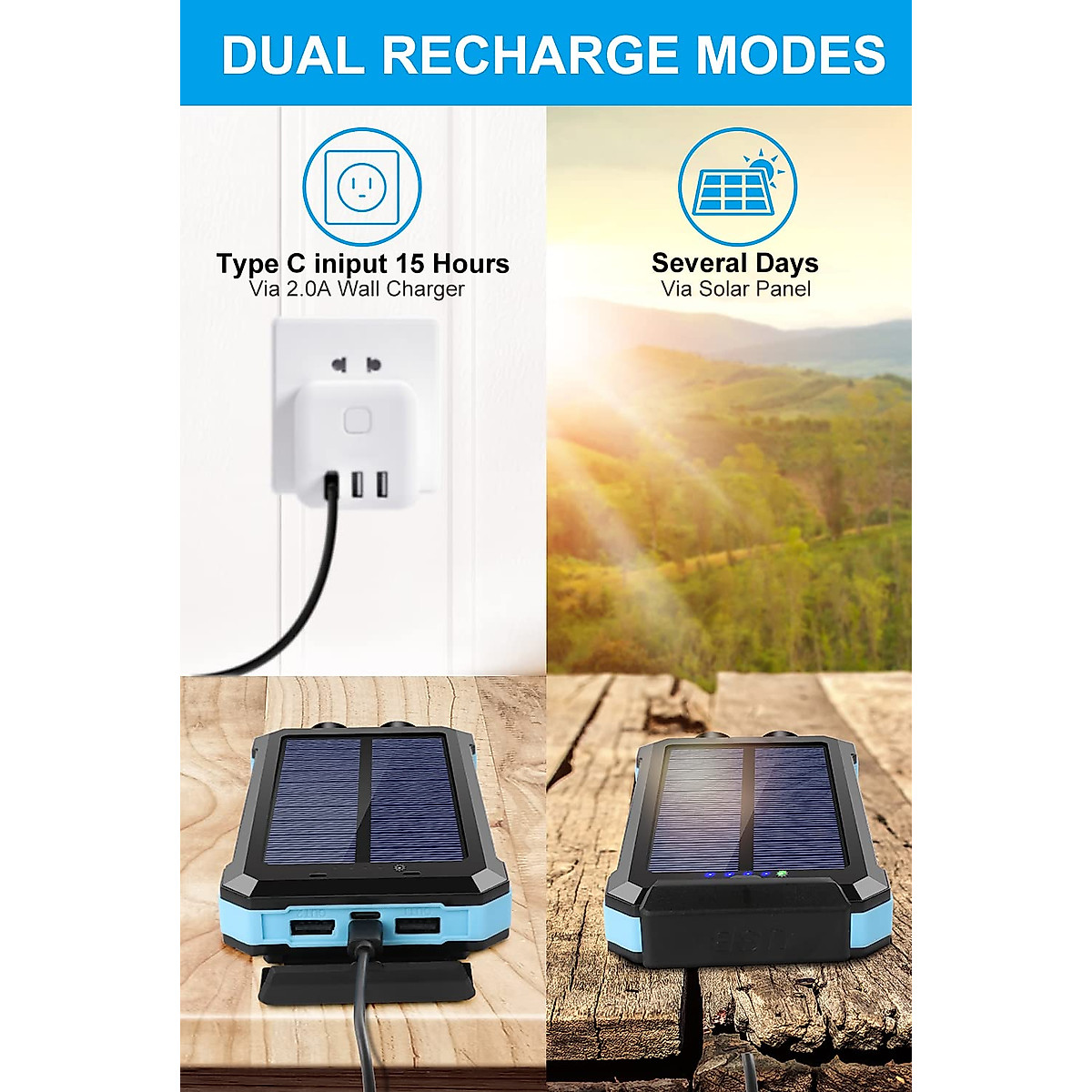 Power-Bank-Portable-Solar-Charger-30000mAh Battery Pack with Emergency LED Flashlight & 2x2.1A USB-A Output Ports Compatible with iPhone 14/13 Series, Samsung, and More, Perfect for Hiking, Camping