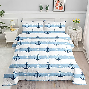 Datura home Anchor Comforter Sets for Boys Girls Kids,Blue White Stripes Starfish Anchor,Duvet 3Pcs in Quilt Sets with 1 Comforter and 2 Pillowcases All Season(Blue White Queen)