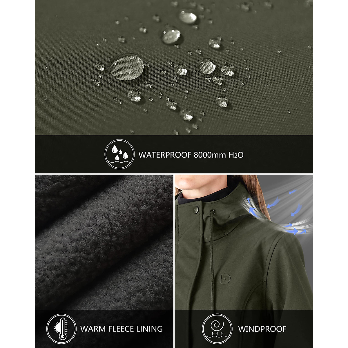 Outdoor Ventures Women's Lightweight Waterproof Fleece Lined Hooded Softshell Rain Jacket, Warm Windbreaker Long Coat