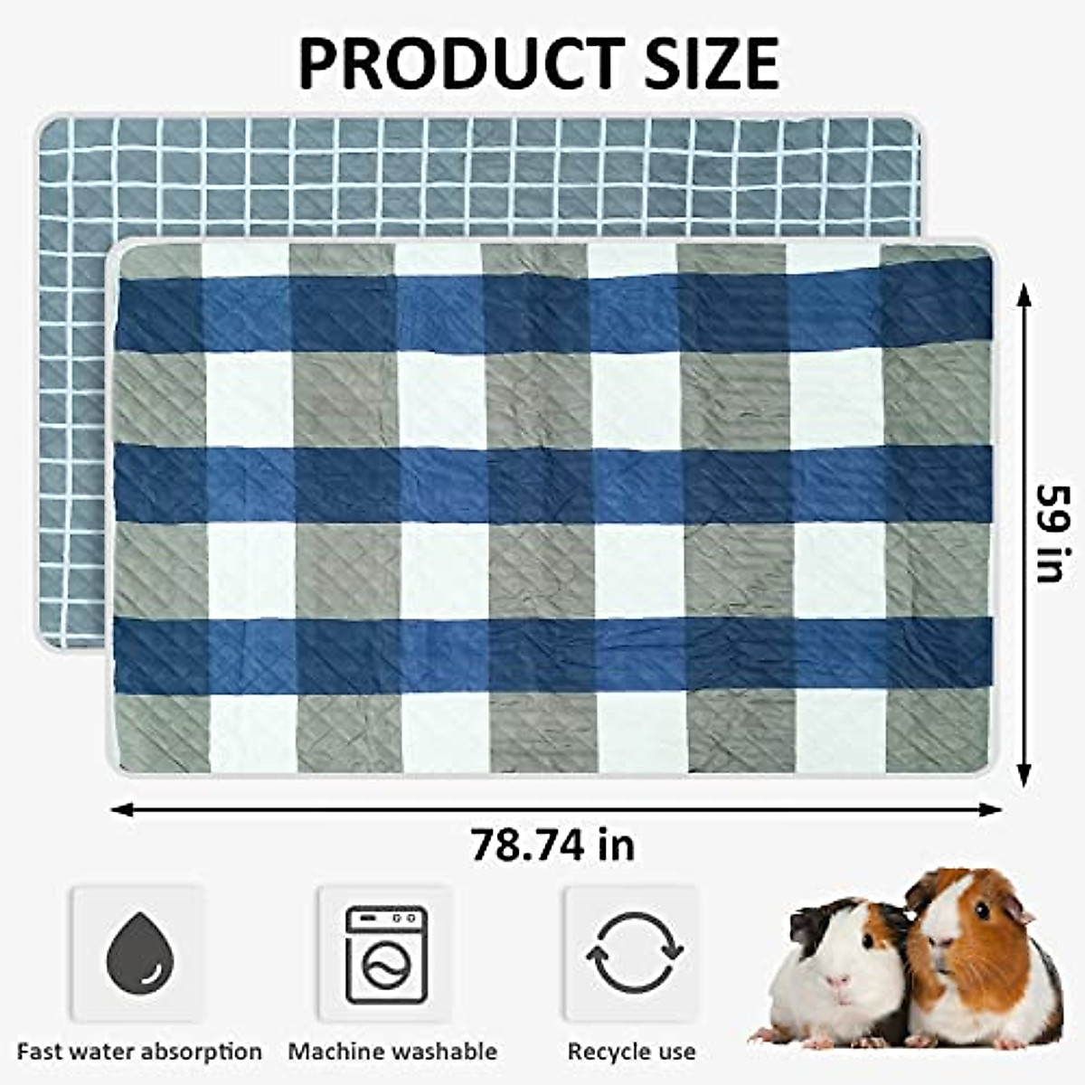 Fhiny 2 PCS Guinea Pig Cage Liner Plaid Washable Guinea Pig Bedding Reusable Small Pet Pee Pads Fast Absorbent Waterproof Anti Slip for Rabbits Bunny Hamsters or Other Small Animals