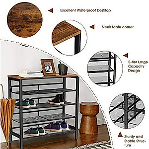 MIERES 5-Tier Shoe Rack, Industrial Shoe Storage Organizer with 4 Metal Mesh Shelves, Sturdy and Easy Assembly, Perfect for Entryway/Hallway/Closet/Bedroom, Rustic Brown, 29.5”l x11.8 ”w x 33.5”h