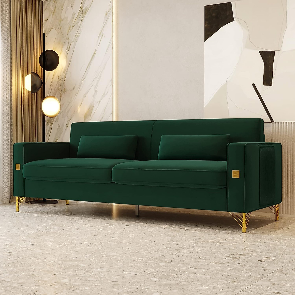 Goohome Tufted Couch, Chesterfield Velvet Upholstered 3-Seater Comfy Sofa, Living Room Furniture Sets W/Solid Wood Frame and Gold Legs, Fit for Bedroom, Apartment