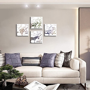 Animal Canvas Wall Art Safari Zoo Elephant Lion Zebra and Rhino Nursery Decor Printed Artwork Framed for Children's Room Bedroom Farmhouse Animal Wall Decoration Ready to Hang (12"x12"x4pcs)