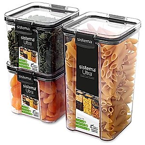 Sistema Tritan Airtight Pantry & Kitchen Storage Containers | 3 Square Plastic Food Containers with Lids (1x 1.3 L + 2x 700 ml) | Stackable | with Locking Clips | BPA-Free