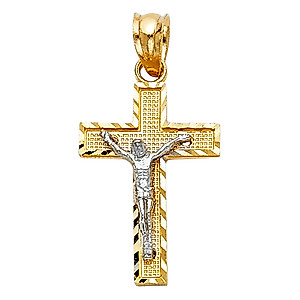 14K Two Tone Gold Jesus Crucifix Cross Pendant with 1.4mm Flat Open Wheat Chain Chain Necklace - 22"