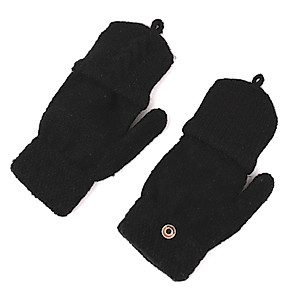 Flammi Women's Warm Knitted Fingerless Gloves Convertible Mittens (Black) Medium