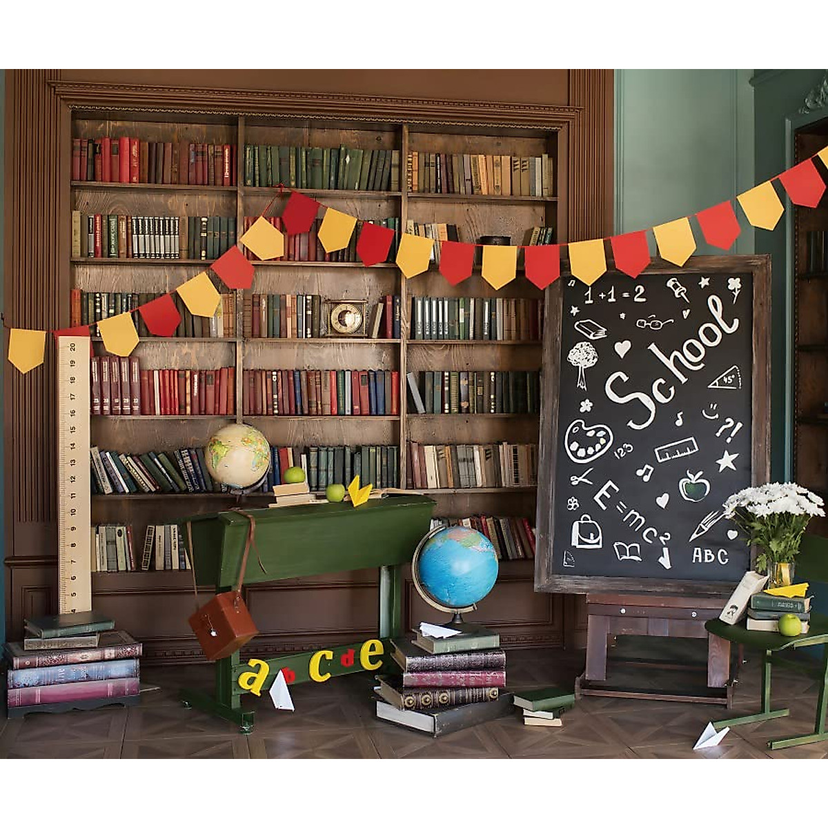 School Pictures Backdrop 10x8ft Fabric Back to School Photos Library Bookshelf Backdrop Teacher Pictures Background Kids Graduation Day Backdrop Students First Day of School Backdrop