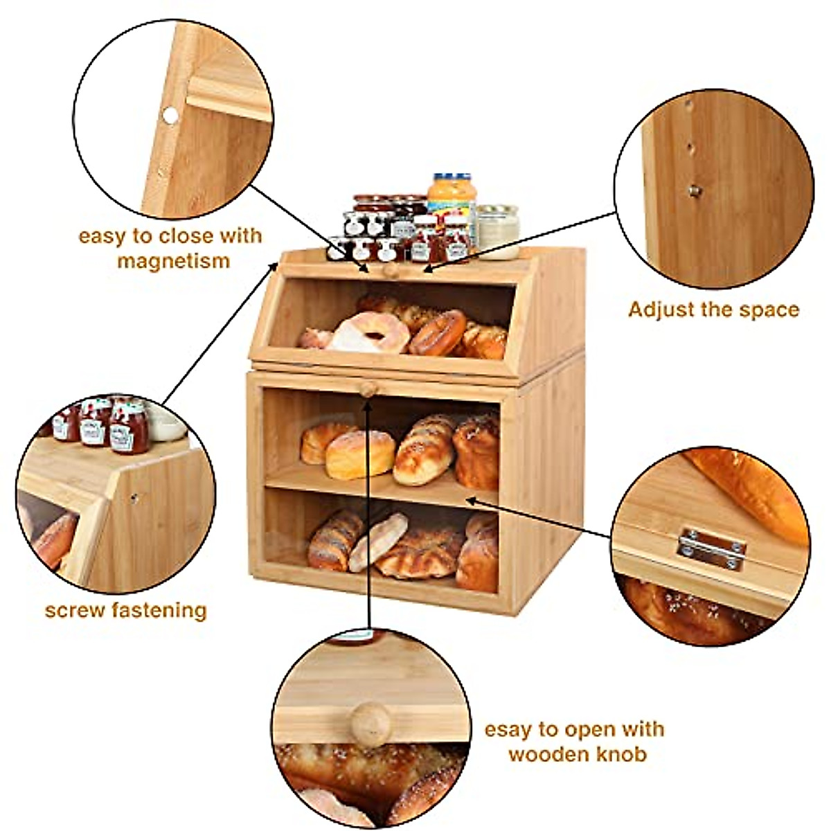X-cosrack Large Double Separable Bamboo Bread Box Storage with Clear Window and Adjustable Compartment for Kitchen Countertop,Natural