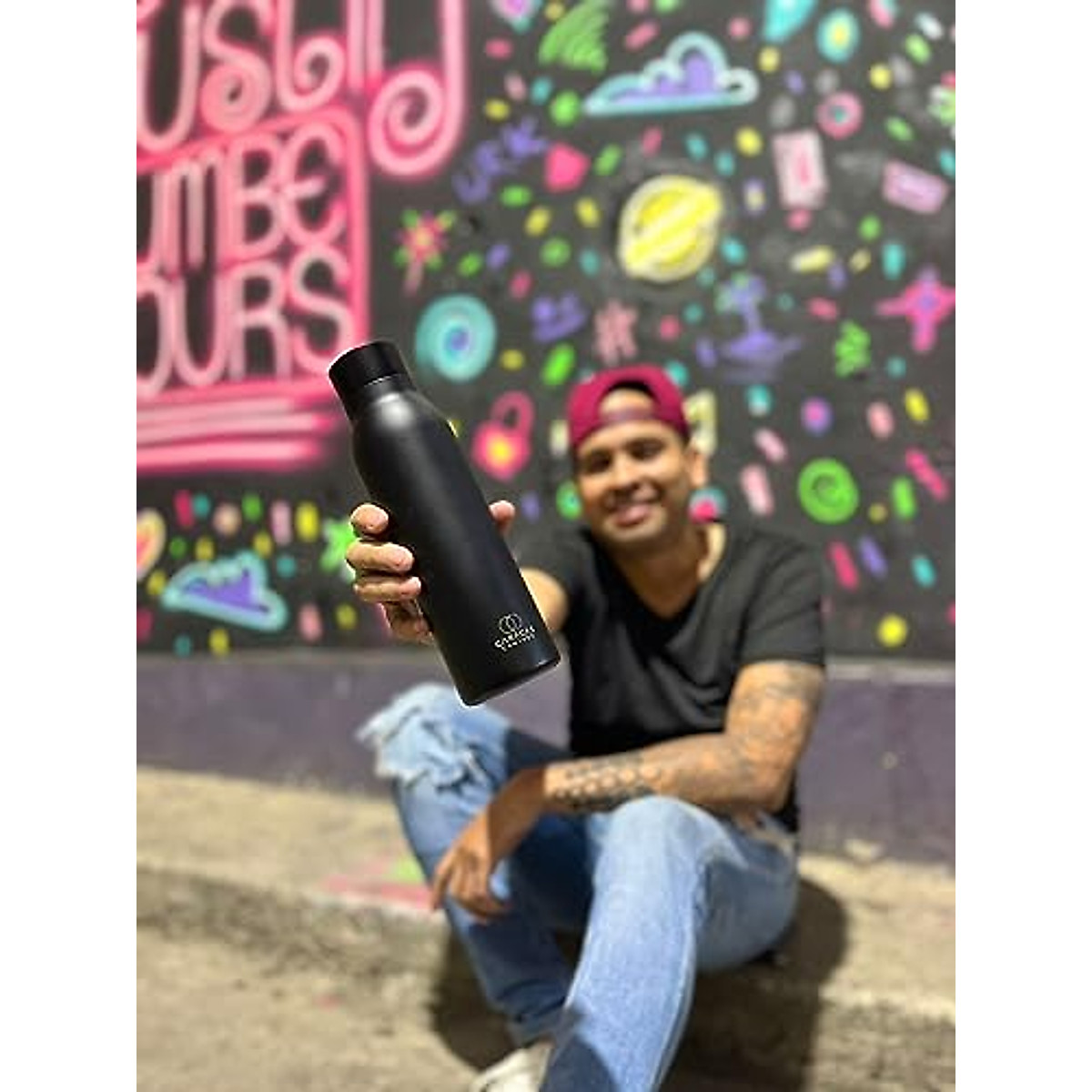 Caracas Canteen Modern SMART Sports Water Bottle, Stainless steel, BPA free flask, app tracks intake, alarm reminder to hydrate, Temperature, Leak proof. 600ml/20 oz (Midnight Black)