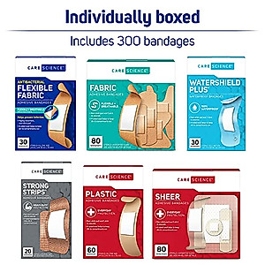 Care Science Variety Bandages Pack, 300 ct Bulk Assorted Sizes | Includes Active, All-Purpose, Waterproof, and Heavy-Duty Bandages. Breathable Protection Helps Prevent Infection for First Aid