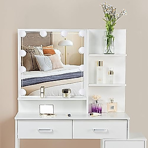 tojump Makeup Vanity with LED Lighted Mirror, White Vanity Desk Set with Drawers & Cabinet, Makeup Table for Bedroom, Cushioned Stool Included (Modern 08)