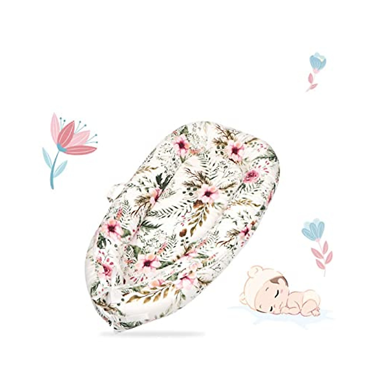 Baby Lounger Cover, Newborn Lounger Cover for Boys Girls, 100% Cotton Breathable Sleeping Bed Cover for Newborn (Flower)