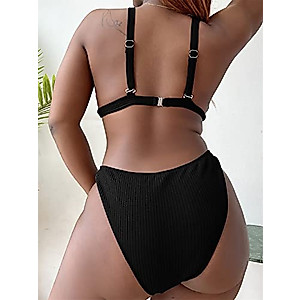 Floerns Women's Plus Size V Neck Triangle Bikini Set Ribbed 2 Piece Bathing Suit Black 2XL