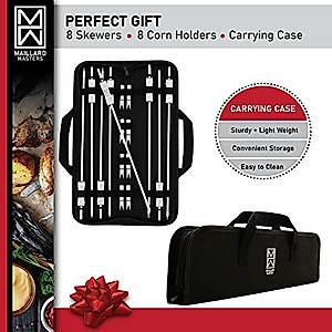MAILLARD MASTERS Metal Skewers for Kabobs - Flat BBQ Skewers for Grilling with Sliders + Corn Holders. Carrying Case Giftset. Grill Meats, Shrimp, Chicken and Veggies like a PRO (16 pcs total)