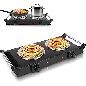 Hot Plate, 2000W Portable Electric Double Burner W/5 Level Temperature Control & Stay Cool Handles, Easy to Clean, Lightweight Cast Iron Electric Stove for Kitchen Camping Cooking, 110V