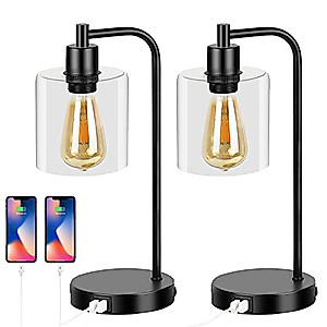 Industrial Touch Control Table Lamps Set of 2 with 2 USB Ports & AC Power Outlet, UL Listed 3-Way Dimmable Vintage Bedside Nightstand Reading Lamp with Glass Shade for Bedroom Living Room Office