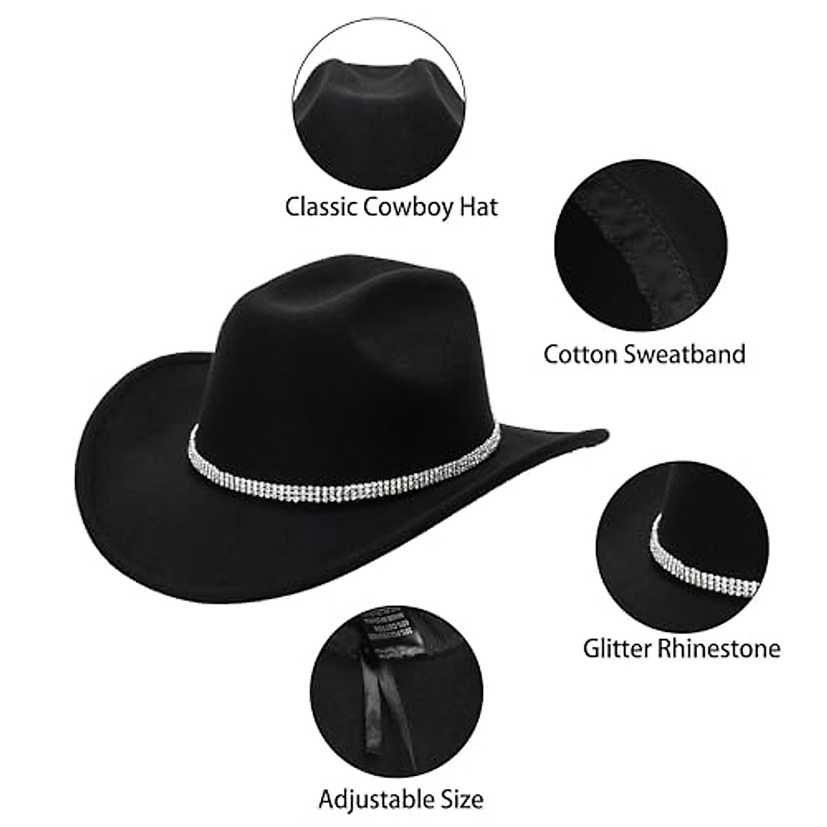 Women-Rhinestone-Western-Cowboy-Hats - Vintage-Wide-Brim-Cowgirls-Hat Bling-Diamond-Hat for Disco Music Party M/L Black