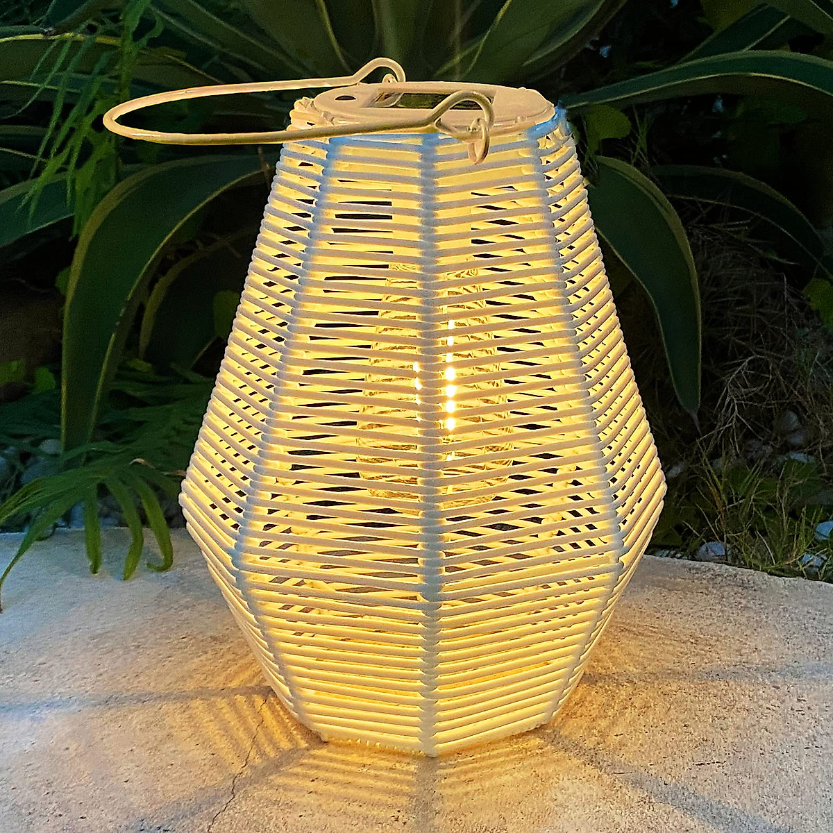 Rattan Outdoor Solar Lantern - Waterproof Hanging Table Solar Lanterns - White Woven Decorative Solar Lamp Lights with Handle for Patio Yard Garden Decoration (Edison Bulb)