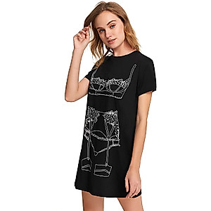 Floerns Women's Funny Lingerie Nightgown Cute Print Tshirt Sleepdress Black L