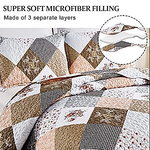 Dinjoy Floral Plaid Patchwork Quilt Set King Size, Reversible Brown Bedding Set Soft Microfiber Lightweight Bedspread Coverlet 3 Piece Spring Summer Use (104x90 inches)