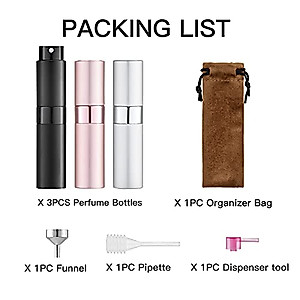 Lisapack 8ML Atomizer Perfume Spray Bottle for Travel (3 PCS) Empty Cologne Dispenser, Portable Sprayer for Men and Women (Black, Silver, Pink)