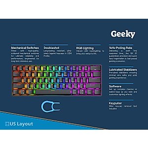 Geeky GK61 SE 60% | Mechanical Gaming Keyboard | 61 Keys Multi Color RGB LED Backlit for PC/Mac Gamer | ANSI US American Layout (Black, Mechanical Brown)