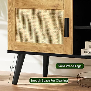 Quimoo Rattan TV Stand for 70 Inch TV, Entertainment Center, TV Console with Adjustable Shelf & 2 Cabinets, TV Stands for Living Room, Bedroom, Black+Natural