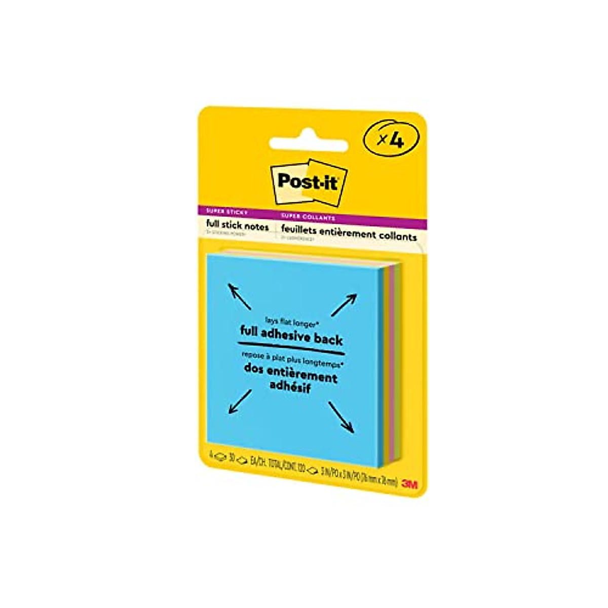 Post-it Super Sticky Full Stick Notes, 3 in x 3 in, 4 Pads, 2x the Sticking Power, Energy Boost Collection, Bright Colors (Orange, Pink, Blue, Green), Recyclable (F330-4SSAU)