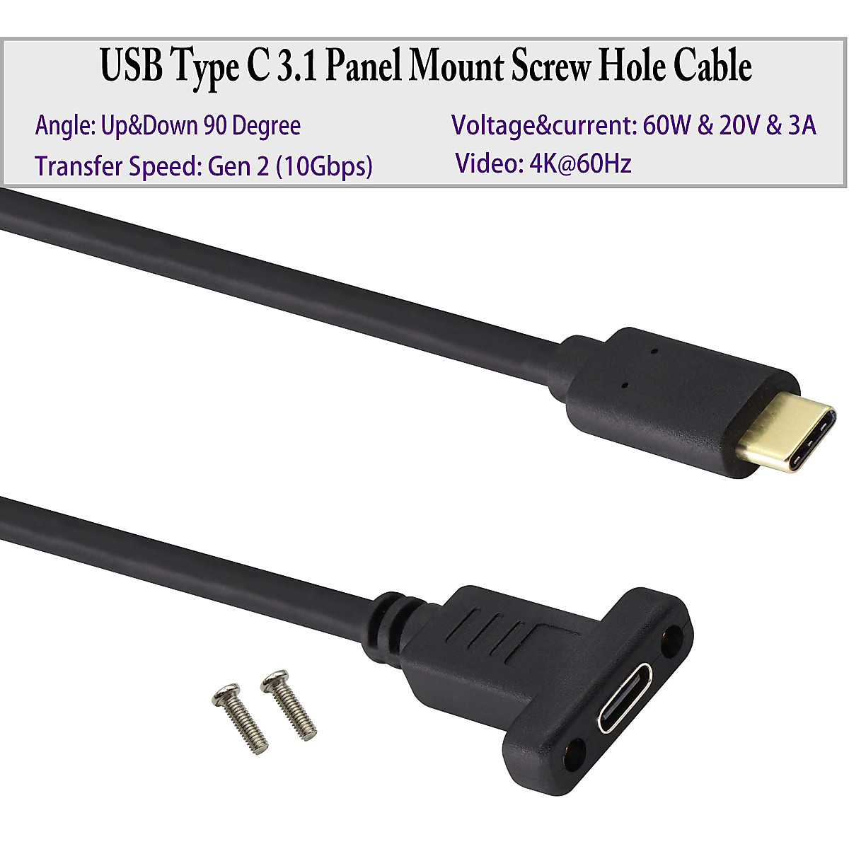 AAOTOKK USB Type C 3.1Panel Mount Adapter Cable USB-C 3.1 Gen2 10Gbps Male to USB C Female Panel Mount Screw Cable,Supports Charging,Data,Audio,Video Cable for Laptop,Tablet,Mobile Phone(0.3M/1ft)