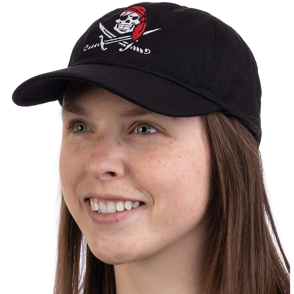 Ann Arbor T-shirt Co. Jolly Roger Pirate Flag | Skull & Crossbones Caribberan Cruise Baseball Boat Cap Dad Hat Black