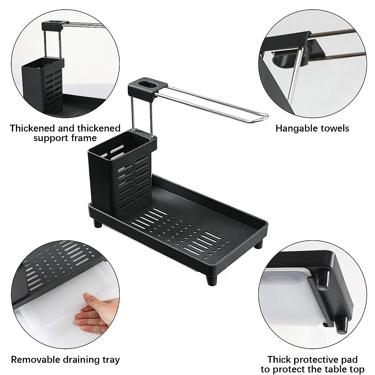 Kitchen Sink Caddy Sponge Holder with Drain Tray, Removable Sink Organizer for Dish Brush,Plastic & Stainless Steel Dish Rag Soap Holder, Non-Slip Dish Brush Holder Storage for Kitchen Counter