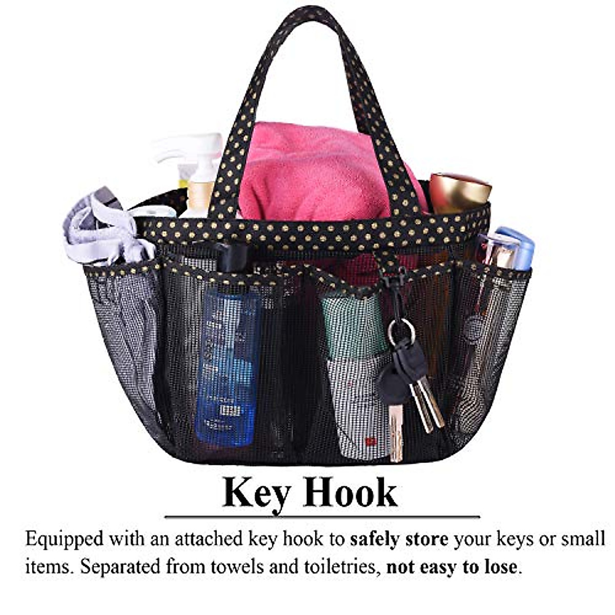 Haundry Mesh Shower Caddy Basket, Large College Dorm Bathroom Caddy Organizer with Key Hook and Oxford Handles, 8 Pockets, Hanging Portable Tote Bag for Camp Gym
