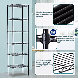 6 Tier Shelving Unit Narrow Shelf Storage Shelves Tall Skinny Shelf for Small Spaces Bathroom Racks and Shelves Corner Storage Rack for Kitchen Laundry Pantry Closet 16.7" l×11.8" w × 63.6" h, Black
