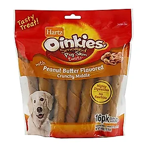 Hartz Oinkies Natural Smoked Pig Skin Twist Peanut Butter Stuffed Dog Treat Chews - 16 Pack - 3270015588