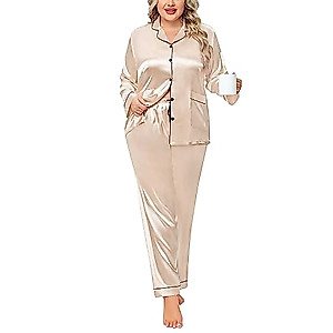SWOMOG Women Plus Size Long Sleeve Pajamas Silk Satin Womens Pajama Sets Button Down Sleepwear Top Pj Loungewear with Pockets Champagne