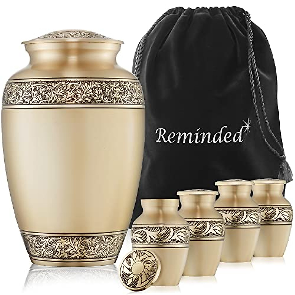 Reminded Set of 5 Floral Cremation Urns for Human Ashes - 1 Adult + 4 Keepsake Token Size, Gold