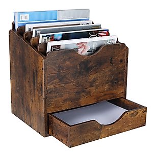 PAG Wood Desktop File Holder Organizer Mail Sorter with Drawer, for File Folders, Mails, Envelopes, Mailing Supplies or Magazines, 6 Compartments, Antique Brown