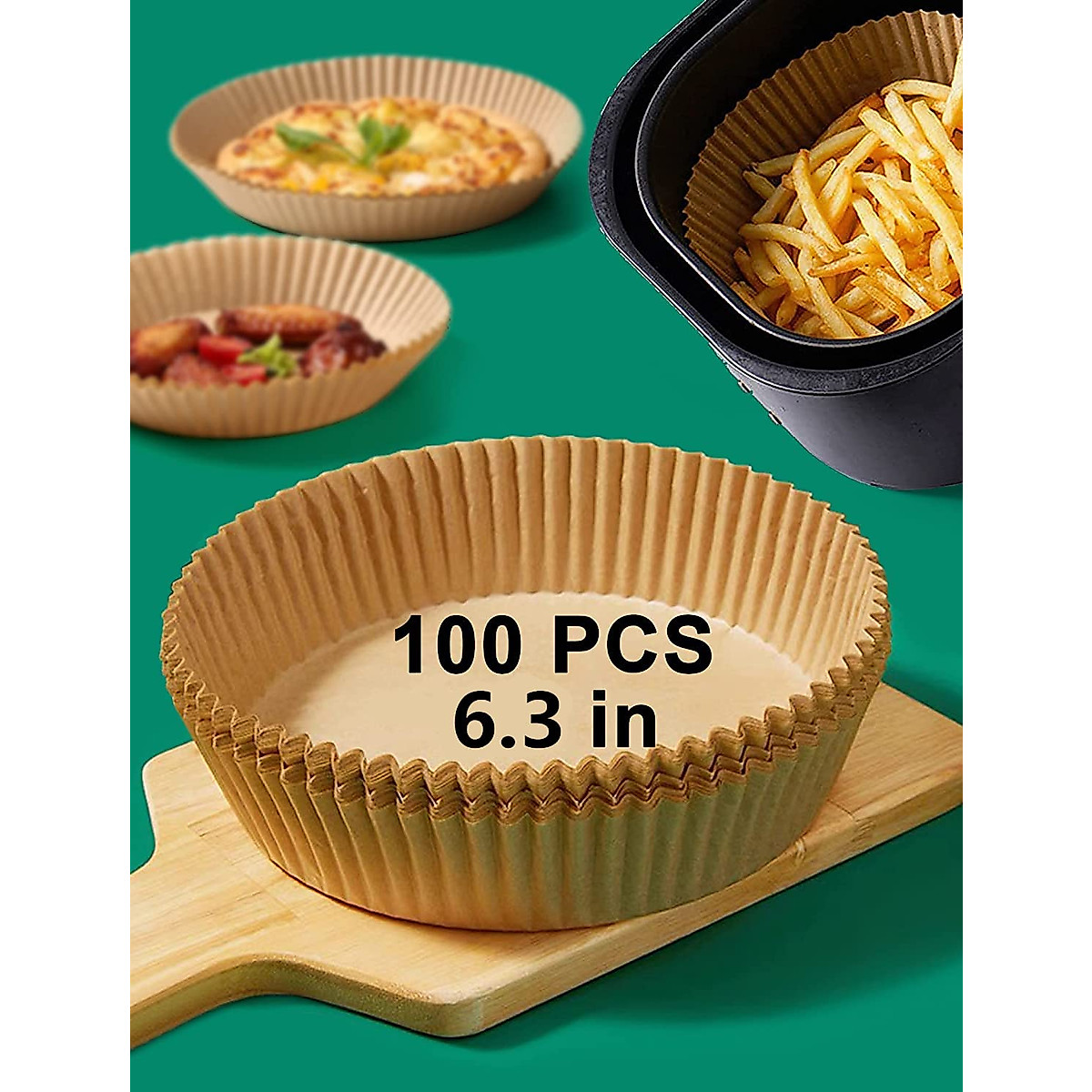 100 Pcs Air Fryer Disposable Paper Liners, Round Air Fryer Paper Liners, Natural Parchment, Nonstick, Oil Resistant, Food Grade Paper Liners for Baking Baking Microwaves (6.3")