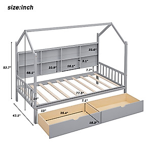 Pink House Beds with Trundle and Storage Shelves for Kids Montessori Bed Wood Playhouse Tent Bed Frame for Girls Boys, Twin Size