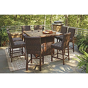 Signature Design by Ashley Paradise Trail Square Bar Table with Fire Pit, Medium Brown
