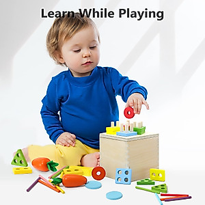 Babehey 4 in 1 Montessori Toys for 1 Year Old Boys Girls, Wooden Shape Sorter Toy, Fine Motor Skill Toys, Montessori Coin Box, Montessori Baby Toys 6-12, 12-18 Months