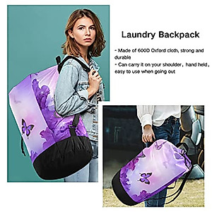 Laundry Bag, Butterfly Purple Large Laundry Backpack Dirty Clothes Organizer with Adjustable Shoulder Straps for College Dorm, Apartment, Travel Camp