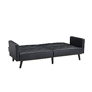 Naomi Home Black Futon Sofa Bed, Faux Leather Futon Couch with Armrest, Black Sofa Bed Couch with Metal Legs, Pull Out Sofa Bed, Reclining Small Couch Bed, Folding Small Couch for Living Room