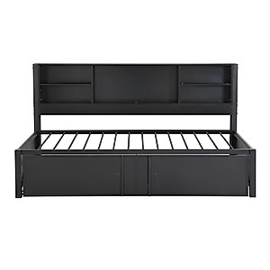 Harper & Bright Designs Twin Bed with Trundle and Storage Bookcase, USB Ports, Solid Wood Platform Bed Frame Twin Size Daybed Sofa Bed for Bedroom Living Room (Twin Size, Black)